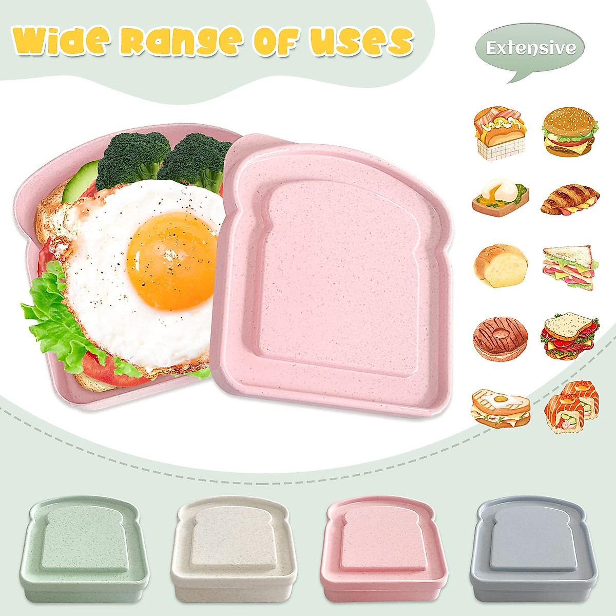 4Pcs Sandwich Containers for Lunch Boxes, Reusable Sandwich Box Container for Kids, Sandwich Holder Bread Container for Adults, BPA Free, Microwave & Dishwasher Safe, School, Office, Camping