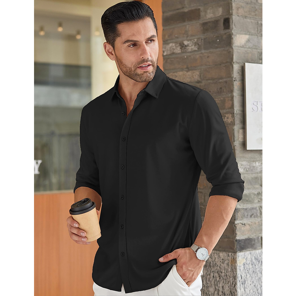 COOFANDY Men's Long Sleeve Dress Shirt Casual Button Down Shirts Wrinkle Free Untucked Shirt Black