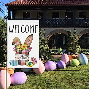 Welcome Easter Garden Flag: Bunny Ear with Eggs Spring Yard Flag 12 x 18 Inch Easter House Decor for Outdoor Holiday Seasonal Party