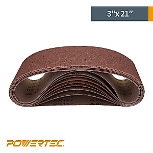 POWERTEC 110470 3 x 21 Inch Sanding Belts, 60 Grit Aluminum Oxide Belt Sander Sanding Belt for Portable Belt Sander, Wood & Paint Sanding, Metal Polishing, 10PK