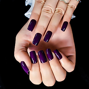 Coolnail Dark Purple Press On False Nails Medium Length Square Reusable Acrylic Deep Violet Solid Color Nail Art Tips Fake Fingernails for Women & Girl