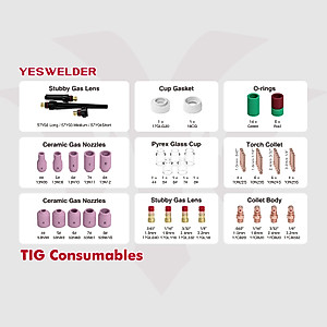 YESWELDER 68 Pcs TIG Welding Torch Stubby Gas Lens Pyrex Glass Cup Kit For WP-17/18/26