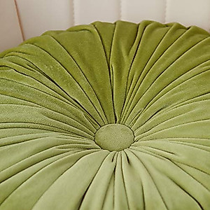 Cassiel Home Velvet Round Throw Pillow Green Summer Pleated Plush Pillow on Couch Pintuck Decorative Floor Cushion for Living Room Bedroom 14.5 inches