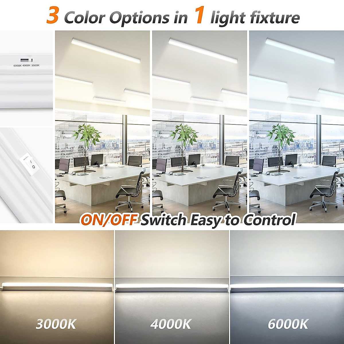 T5 LED Shop Lights 4FT, 18W 2000LM 3CCT LED Integrated Single Fixture, Linkable Ceiling Light, Corded Electric with ON/Off Switch, for Workbench Basement Garage, 4-Pack