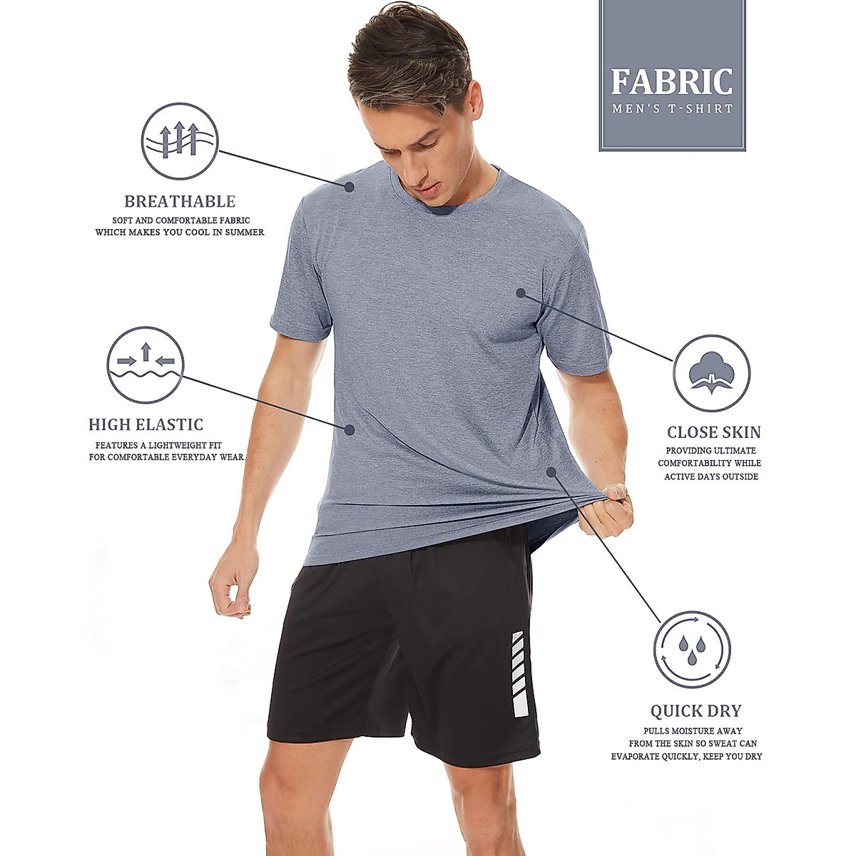 KEFITEVD Athletic Shirts for Men Breathable Quick Dry Gym Training Outdoor Running T-Shirt Short Sleeve Cool Shirt Light Grey