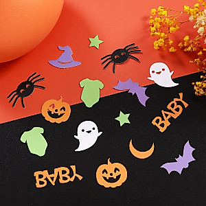 Halloween Baby Shower Confetti Orange Purple Green Black Party Table Scatter Confetti Baby Wear Spider Pumpkin Bat Hat Ghost Moon Star Table Decor for Halloween Baby Shower Party 200 PCS