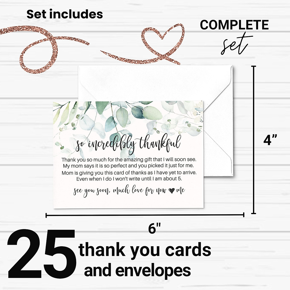 Paper Clever Party Greenery Baby Shower Thank You Cards with Envelopes - 25 Pack - 4x6 Blank Notes with Prefilled Message from Baby Girl - Rustic Eucalyptus Design Stationery Set