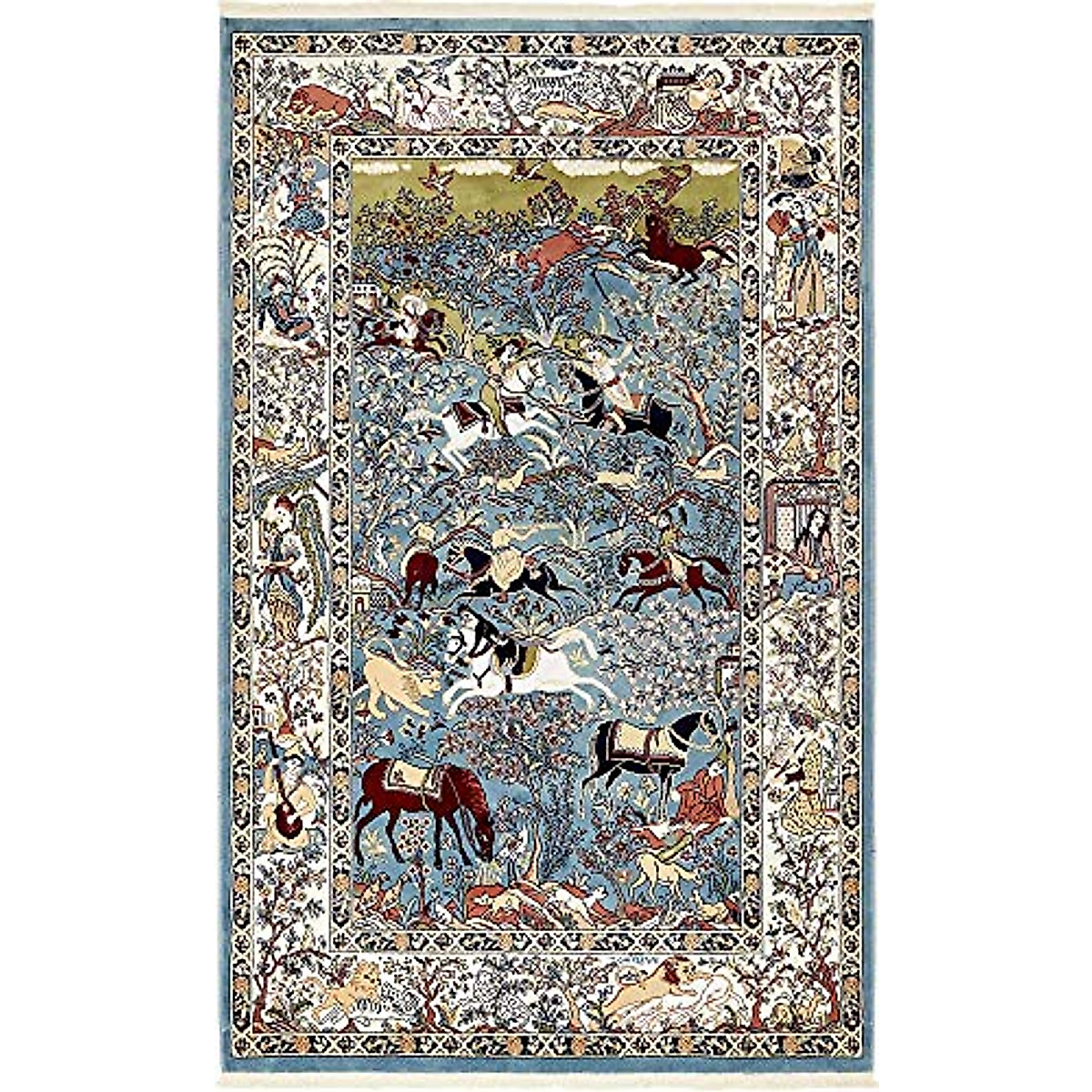 Unique Loom Narenj Collection Classic Traditional Hunting Scene Textured Design Area Rug, Rectangular 5' 0" x 8' 0", Blue/Tan