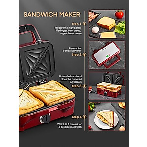 3-in-1 Sandwich Maker, 1200W Grill, Waffle and Sandwich Maker, 5 Speed Temperature Control, 3 Non-Stick and Removable Plates, Cold Touch Handle, LED Light Indicators, BPA Free, Red