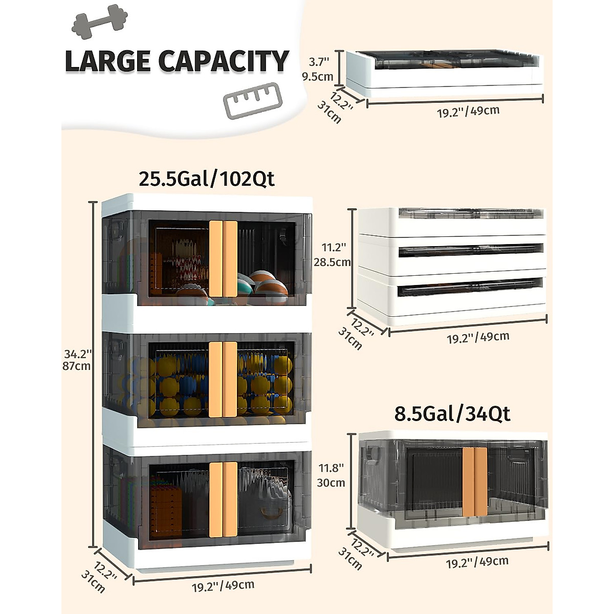 oyenbboi Collapsible Storage Bins with Lids, Stackable Storage Bins with Door, Foldable Plastic Storage Containers with Wheels (8.4 Gal - 3 Pack)