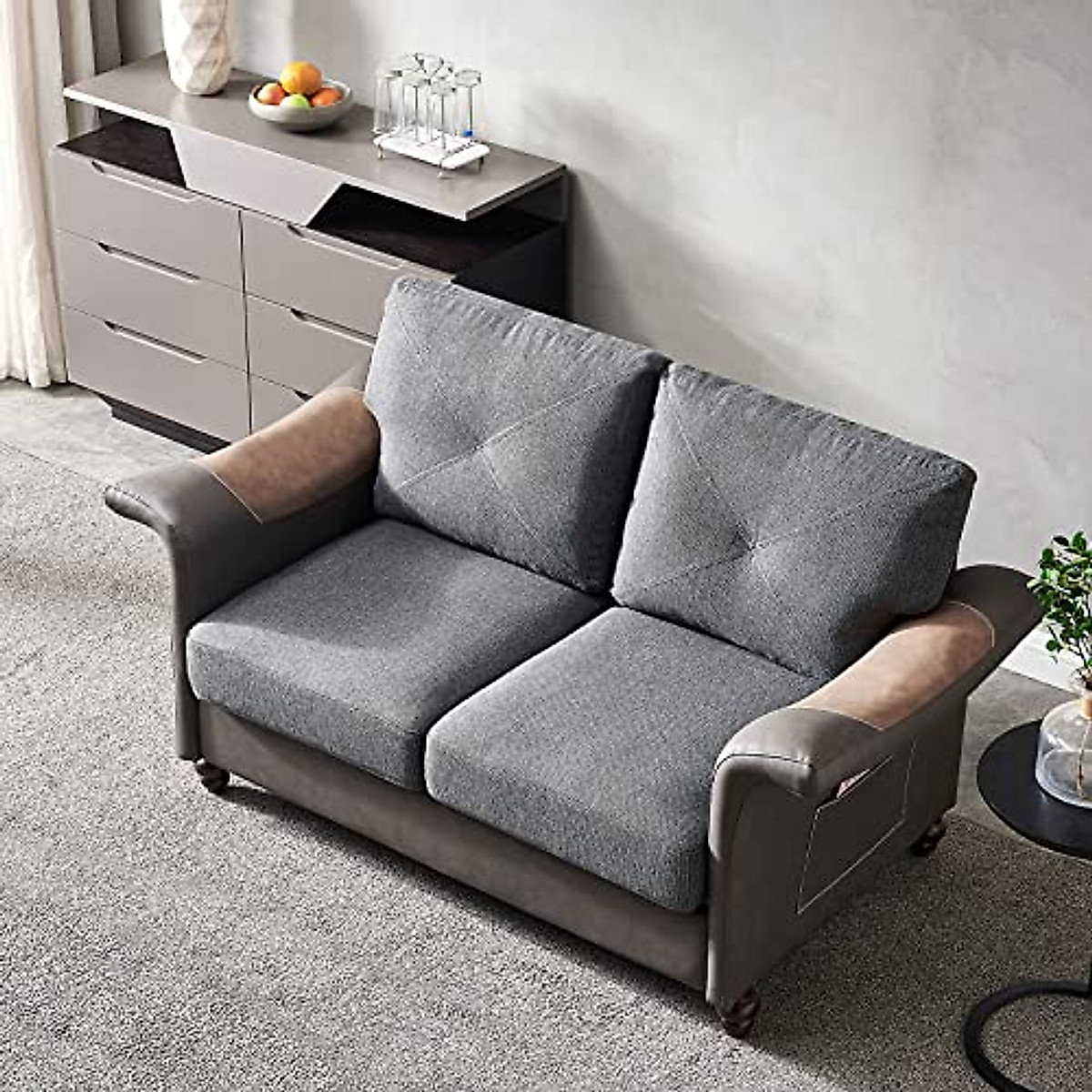 CALABASH Linen Fabric Leather 2 Seater Sofa Couch for Bedroom, 61" Modern Upholstered Tufted loveseat Sofa with Curved Armrest & Removable Storage Boxes for Living Room Office(Dark Grey)