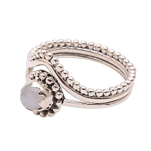 NOVICA Artisan Handmade Rainbow Moonstone Cocktail Ring Dot Motif from Bali Sterling Silver Single Indonesia [ring Front 0.6 in H x 0.4 in W x 0.2 in D Band Width 5 mm W] ' Enshrined'