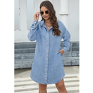 KDF Denim Dress for Women Long Sleeve Denim Shirt Dresses Women with Pockets Button Down Babydoll Jean Dresses for Women 2023 Light Blue Size X-Large
