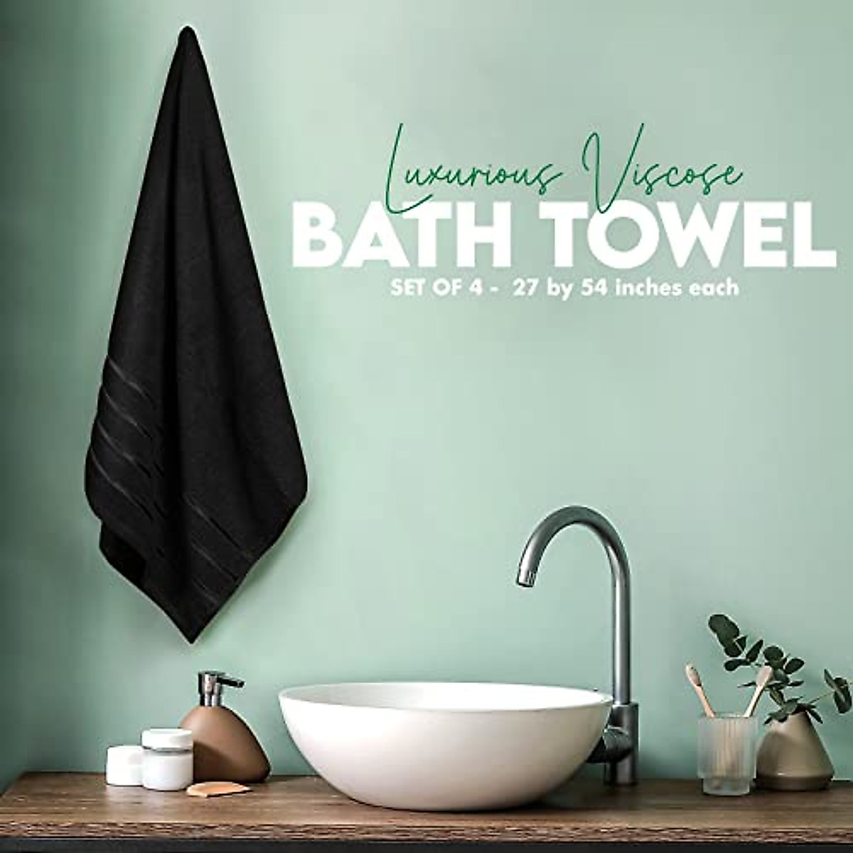 Utopia Towels 4 Pack Premium Viscose Oversized Bath Towels Set, 100% Ring Spun Cotton (27 x 54 Inches) Highly Absorbent, Quick Drying Shower Towels for Bathroom, Spa, Hotel and Travel (Black)