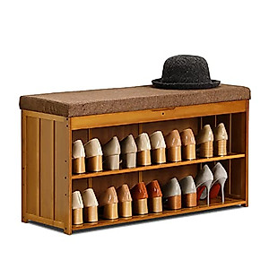 MoNiBloom Bamboo 2 Tiers Shoe Rack Organizer Changing Stool Bench with Flip-Open Storage Box Padded for Hallway, Bathroom, Bedroom - Brown (6-10 Pairs)
