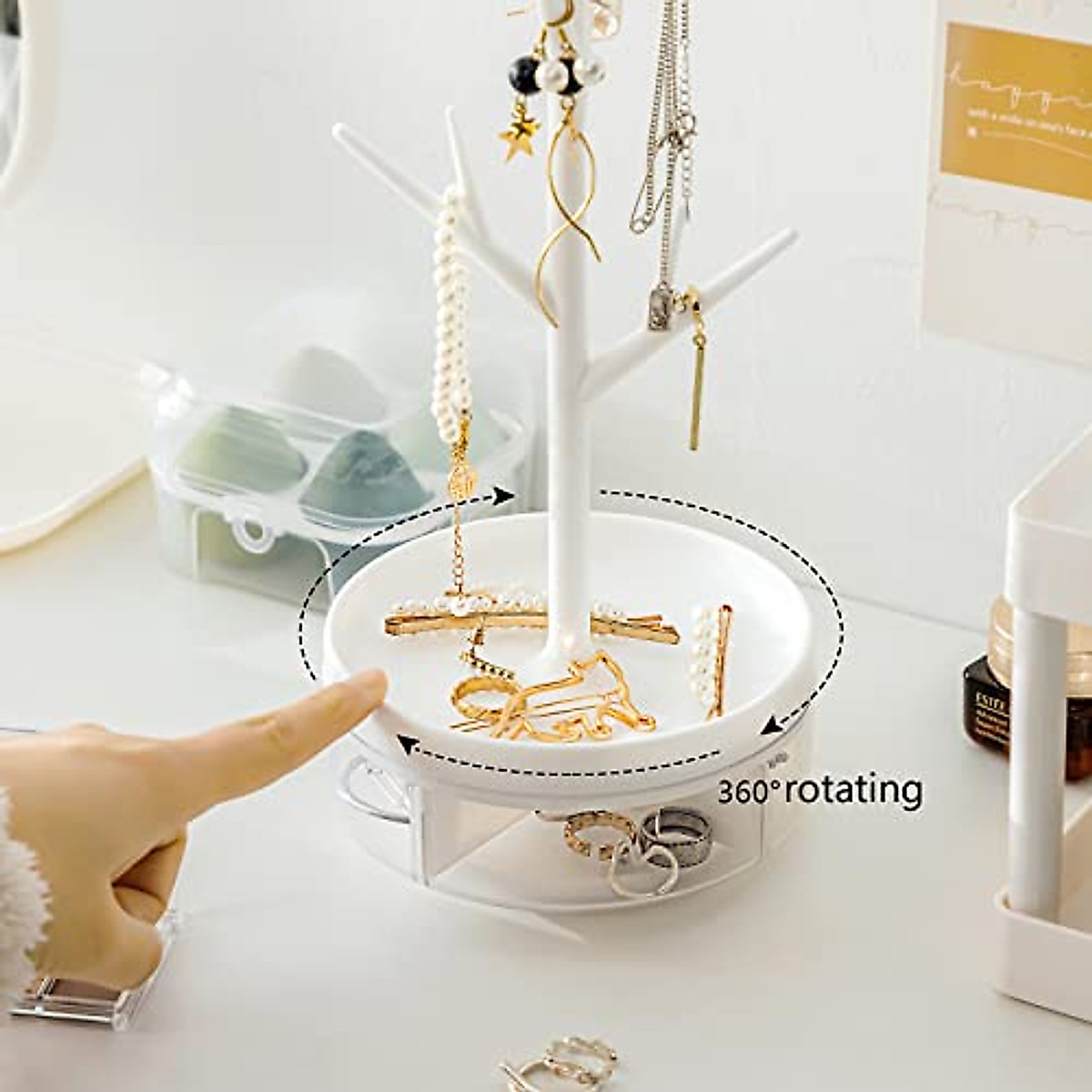 MZYOUHUO Rotating Jewelry Holder Organizer, 3 in1 Jewelry Tree Stand, 14.56 Inch High Necklace Holder Display for Necklaces Earrings Bracelets Watches Rings (White)
