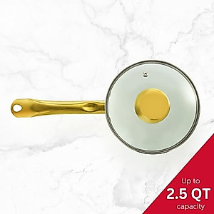 Holstein Housewares 2.5QT White Ceramic Nonstick Saucepan with Lid, Gold Color and Stainless Steel Handle, Golden Elegance
