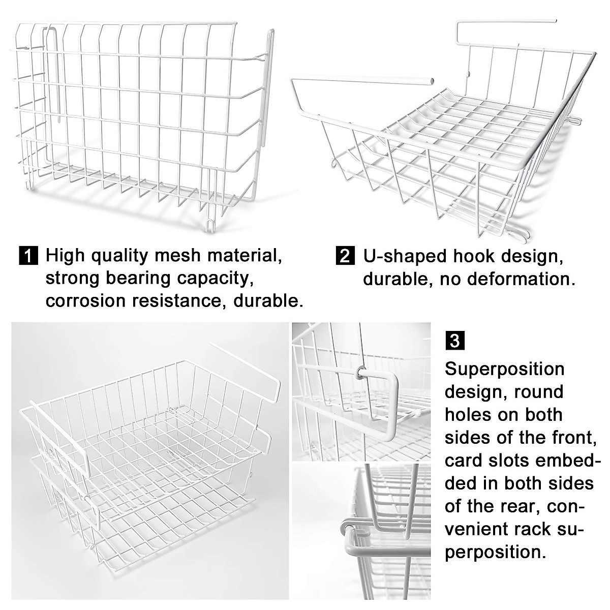 Under Shelf Basket , 2 Pack White Wire Under Shelf Basket , Slides Under Shelves for Storage, Space Saving for Kitchen Counter Pantry Desk Bookshelf Cupboard