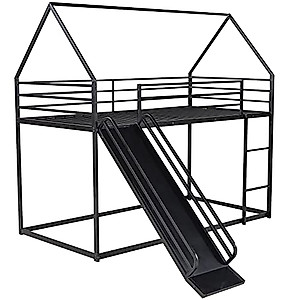 Tidyard Twin Over Twin House Bunk Bed with Ladder and Slide,Black for Bedroom Dorm Guest Room Home Furniture