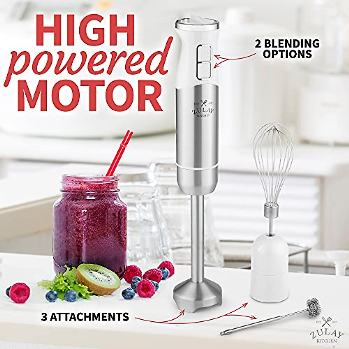 Zulay Kitchen Immersion Blender Handheld 500W - 8 Speed Copper Motor Immersion Hand Blender - Heavy Duty Stick Blender Immersion With Stainless Steel Whisk and Milk Frother Attachments (White)