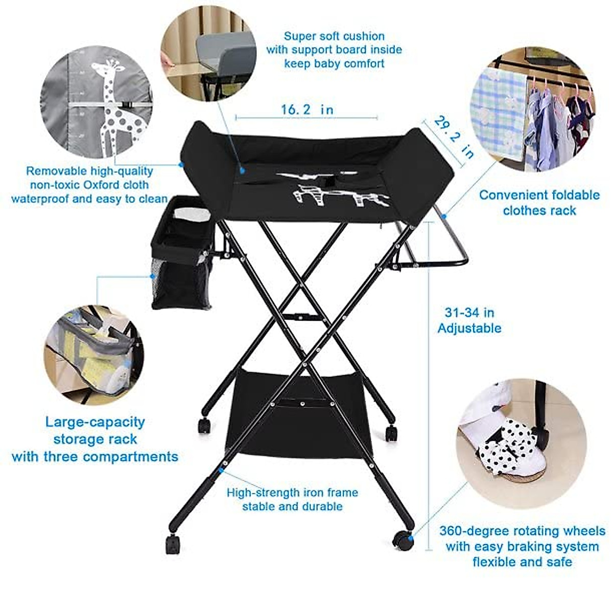 Baby Changing Table Portable Folding Diaper Changing Station with Wheels, Adjustable Height Mobile Nursery Organizer with Safety Belt and 2 Large Storage Racks for Newborn Baby Infant (Black)