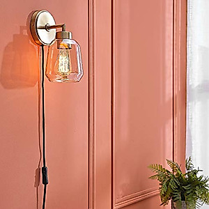 Globe Electric 51715 1-Light Plug-in or Hardwire Wall Sconce, Matte Brass, Smoked Amber Glass Shade, Black Fabric Cord, in-Line On/Off Switch, Pendant Light Fixture, Pendant Lights Kitchen Island