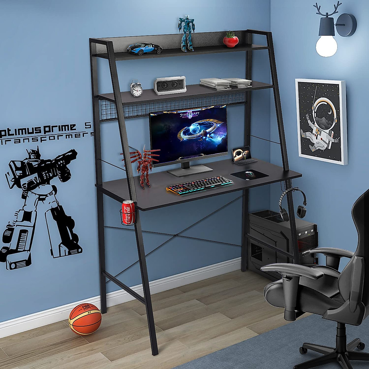 LYNSLIM Gaming Desk – 43” Computer Table for Home Office Gamer Workstation with Storage Shelf,Cup Holder and Headphone Hooks (Black, 43")