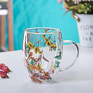 Flower Glass Double Wall Glass 10oz Coffee Cups with Handle Tea Cups Beverage Glasses Tea Mug Milk Mug a riot of colour Novelty Aesthetic Heat Resistant (Flourish Flower)