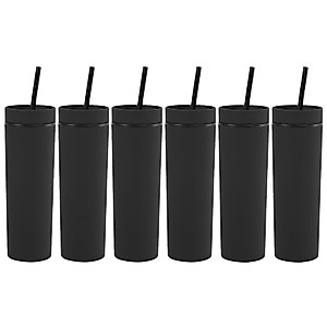 momocici Skinny Tumblers Bulk.16oz Matte Pastel Colored Skinny Tumblers with Lids and Straws.Double Walled Plastic Acrylic Smoothie Tea Iced Coffee Tumbler Cups.Slim Black Tumbler Set.(Black)