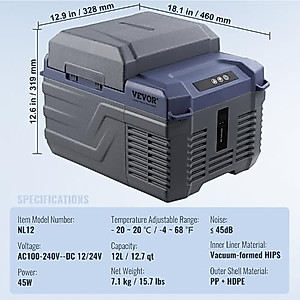 VEVOR NL12, 12 Volt Car Refrigerator Fridge, 12 L Single Zone Portable Freezer, -4℉-68℉ Adjustable Range, 12/24V DC and 100-240V AC Compressor Cooler for Outdoor, Camping, RV, Bule and grey