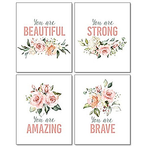 Confetti Fox Girls Inspirational Words Wall Decor, Pink Floral Modern Art, Positive Motivational Quotes, Teen Flowers Affirmations Typography Posters (8x10 Unframed Set of 4 Prints)