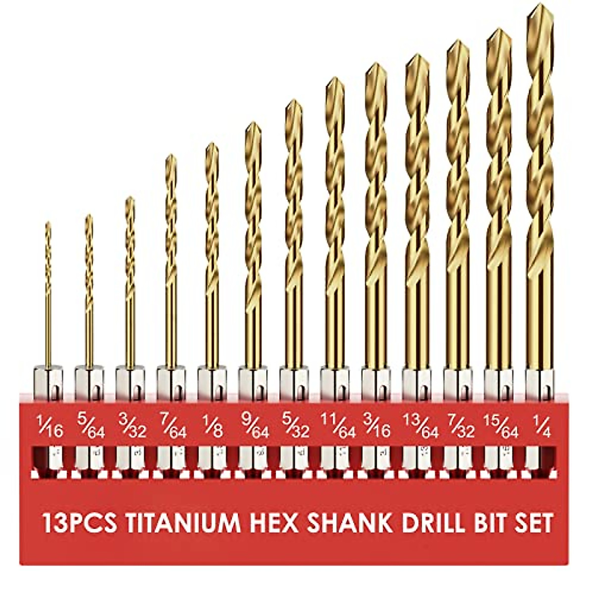 MACXCOIP Hex Shank Drill Bit Set, 13Pcs HSS Titanium Twist Drill Bit for Sheet Metal, Wood, Plastic, Quick Change Design (1/16" - 1/4")