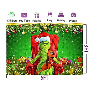 Green Christmas Backdrop for Party Supplies 5x3ft Grinch and Dog Photo Background Merry Christmas Photography Backdrop Grinchmas Banner