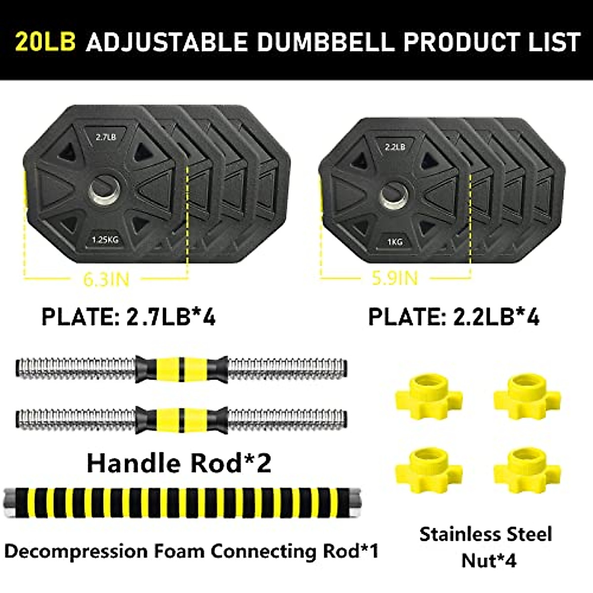 Adjustable Weights Dumbbells Set,Non-Rolling Adjustable Dumbbell/BarbellSet, Free Weights Dumbbells Set With Connecting,Hexagon,Dumbbell Weights Set for Home Gym, Fitness Equipment for Men Women (20lbs)