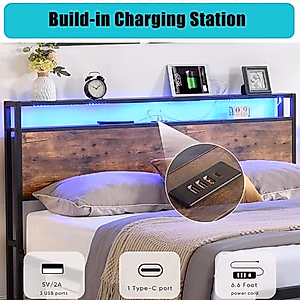 SAMTRA Bed Frame with Headboard & 2 Storage Drawers, Wooden Headboard with Led Lights and Charging Station Shelf, Metal Platform & Slat Bedframe, Easy Assembly (Brown Simple (with 2 Drawers), Queen)