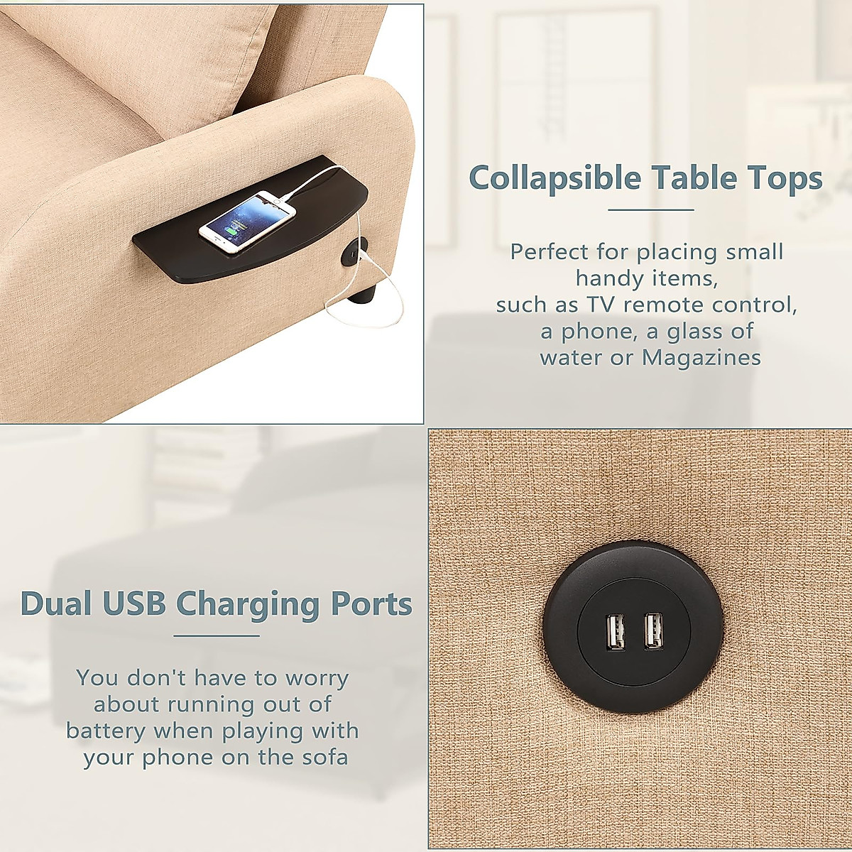 NOLLAM Pull Out Sleeper Sofa Bed with 2 Wing Table and USB Charge, Linen Fabric Single Sofa Chair Bed, Convertible Sofa Chair 3-in-1, Sleeper Chair Bed for Living Room Apartment Office, Beige Couch