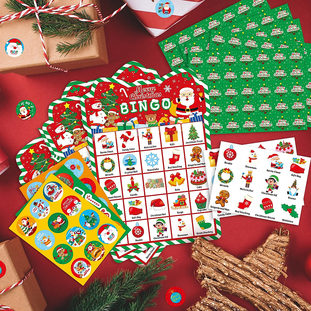 Funnlot Christmas Bingo Game for Kids, Christmas Games Christmas Crafts Christmas Activities with Reward Stickers for Kids Large Group Classroom Family Party Xmas