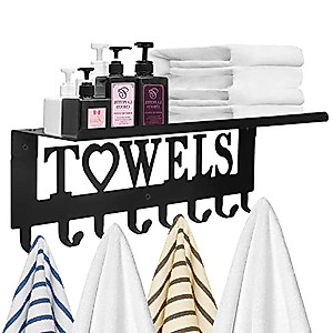Towel Rack with Metal Shelf for Bathroom Wall Mounted Towel Holder with Hooks Towel Hanger Towel Storage Wall Decor for Bedroom, Living Room, Kitchen (8 Hooks, Black)
