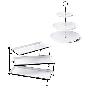 Sweese 731.101 3 Tiered Serving Stand, Foldable Rectangular Food Display Stand with White Porcelain Platters - Serving Trays, Dessert Display Server for Brithday Party, Valentine's Day and Events