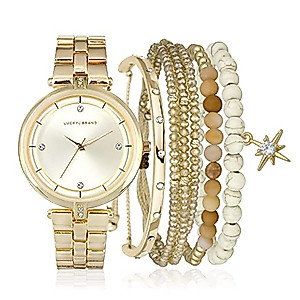 Lucky Brand Watches for Women Fashion Stainless Steel Crystal-Accented Minimalist Quartz Movement Women's Wrist Watches Bracelet Gift Box Set (Gold)
