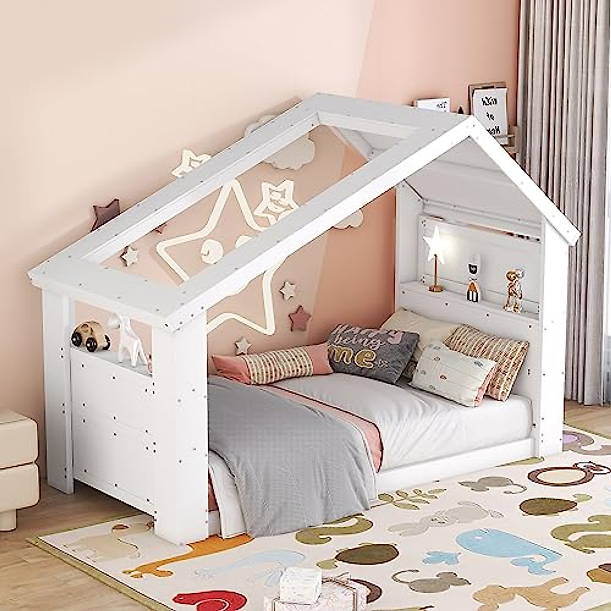 MERITLINE Twin House Bed for Kids Montessori Floor Bed with Roof Window, LED Light, No Box Spring Needed, for Girls Boys (Twin Size, White)