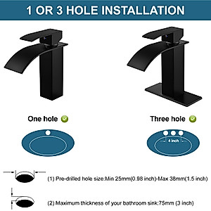 Midanya Matte Black Bathroom Sink Faucet Waterfall Spout Single Handle 1 Hole Deck Mount Mixer Tap Lavatory Vanity Sink Faucet Commercial with Deck Plate and Pop Up Drain