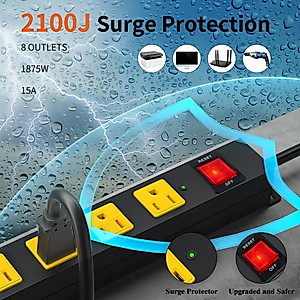 8 Outlet Long Power Strip, 2100J Surge Protector Heavy Duty 6FT Cord Wide Spaced and Wall Mount Metal Powerstrip for Home Office Garage Workshop