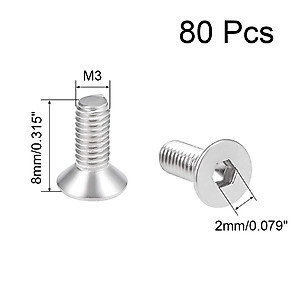 uxcell M3x8mm Flat Head Machine Screws Inner Hex Screw 304 Stainless Steel Fasteners Bolts 80Pcs
