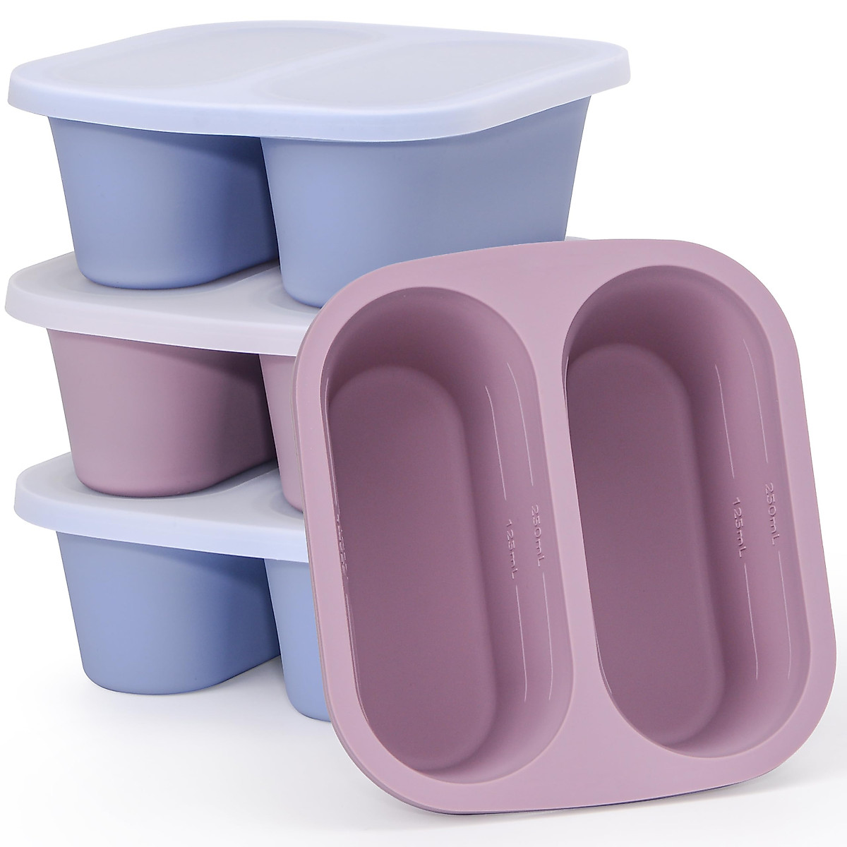 Mossime Silicone Soup Freezer Molds: 1 Cup Silicone Freezer Trays with Lid - 4 Packs Easy Release Soup Freezer Containers - 250ml 125ml Portion Large Cubes for Ice Soup (4, Blue/Purple)