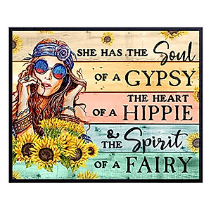 Hippie Inspirational Positive Quotes Wall Decor - Boho Encouragement Gifts for Women - Motivational Wall Art Poster - Bohemian Rustic Country Sunflower Decoration - Girls Teens Bedroom Home Office