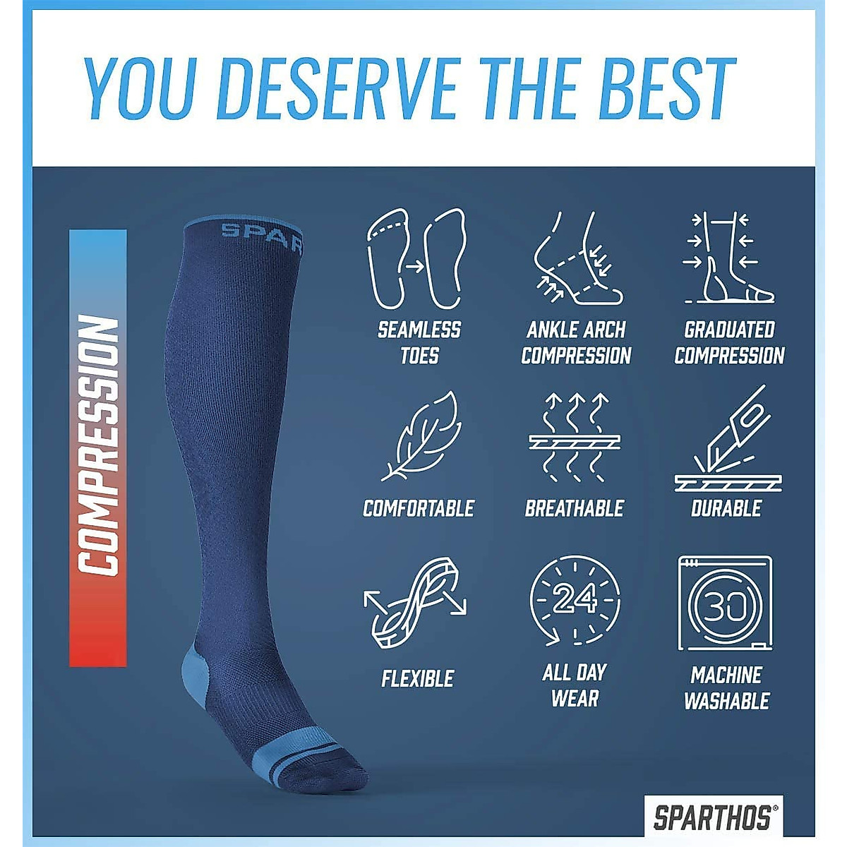 Sparthos Circulation Socks (20-30 mmHg) Wide Calf - Knee High Sock for Compression, Travel, Medical Support, Pregnancy, Nurses - Dr Sock Soothers Ankle Brace - Mens and Womens Plus (Blue-LXL-Wide)