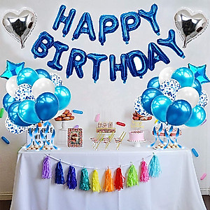 Blue Birthday Party Decorations Set with Blue Happy Birthday Balloons Banner, Confetti and Latex Balloon, Heart Star Foil Balloon, Foil Fringe Curtain for Blue Theme Birthday Party Supplies