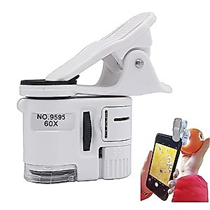 60x Pocket Microscope, Handheld Portable LED Lighted Magnification Endoscope with a Mobile Phone Adapter Clip, Built-in UV and LED Flashlight