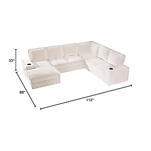 PaPaJet U Shaped Sofa, 7 Seater Sofa with USB Ports, Sectional Sofa Couch with Storage Chaise, Corduroy Beige
